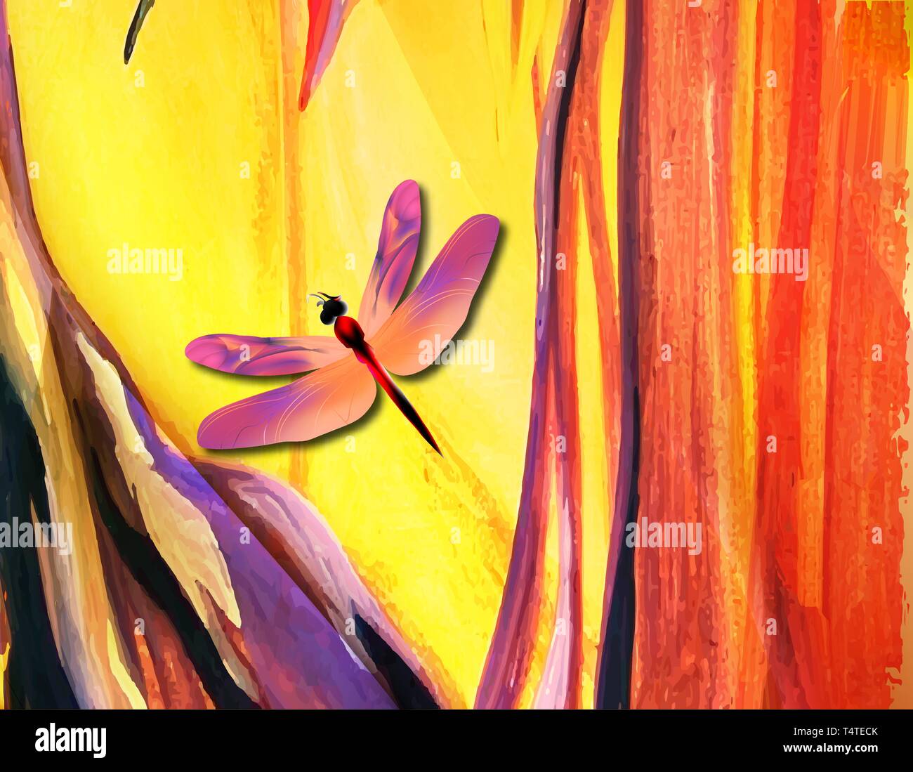 cartoon happy dragonfly red green and neon light. Dragonfly with open ...