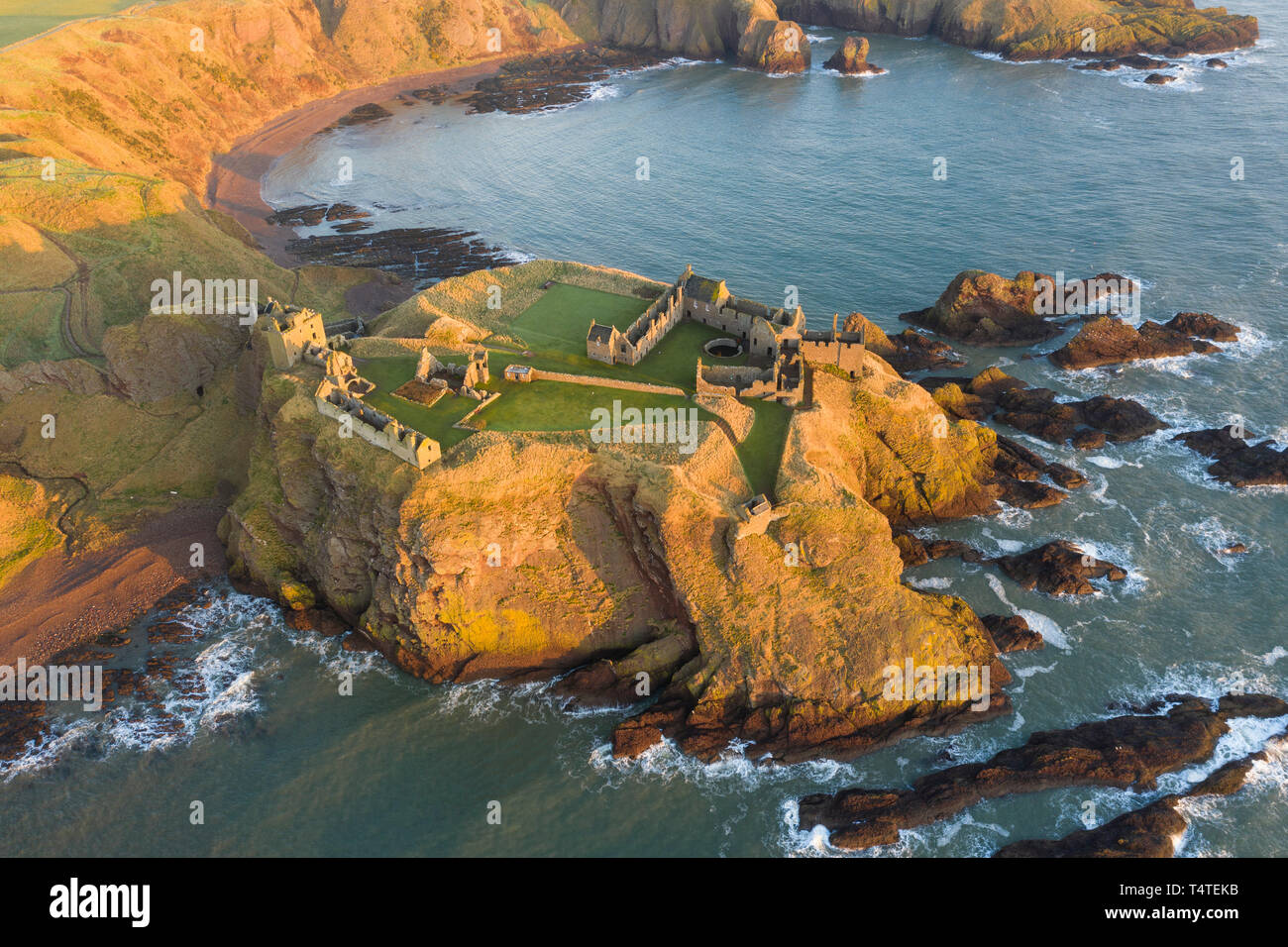Aerial view of Dunnottar Castle a ruined medieval fortress located upon ...