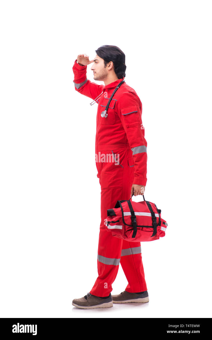 Young paramedic in red uniform isolated on white Stock Photo - Alamy