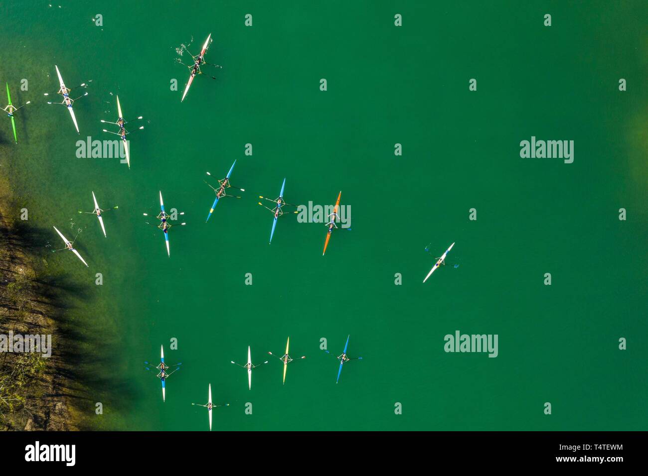 Water sport, kayakers preparing for race. Water sport, panoramic aerial ...