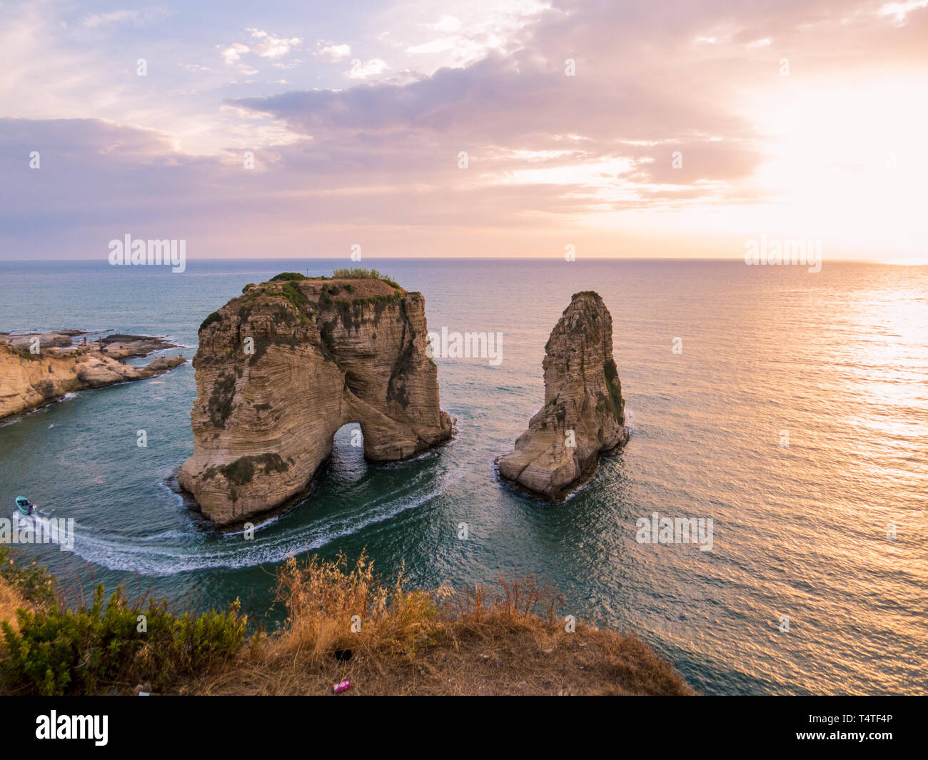 Magical sunset on Raouche, Pigeons' Rock. In Beirut, Lebanon Stock ...