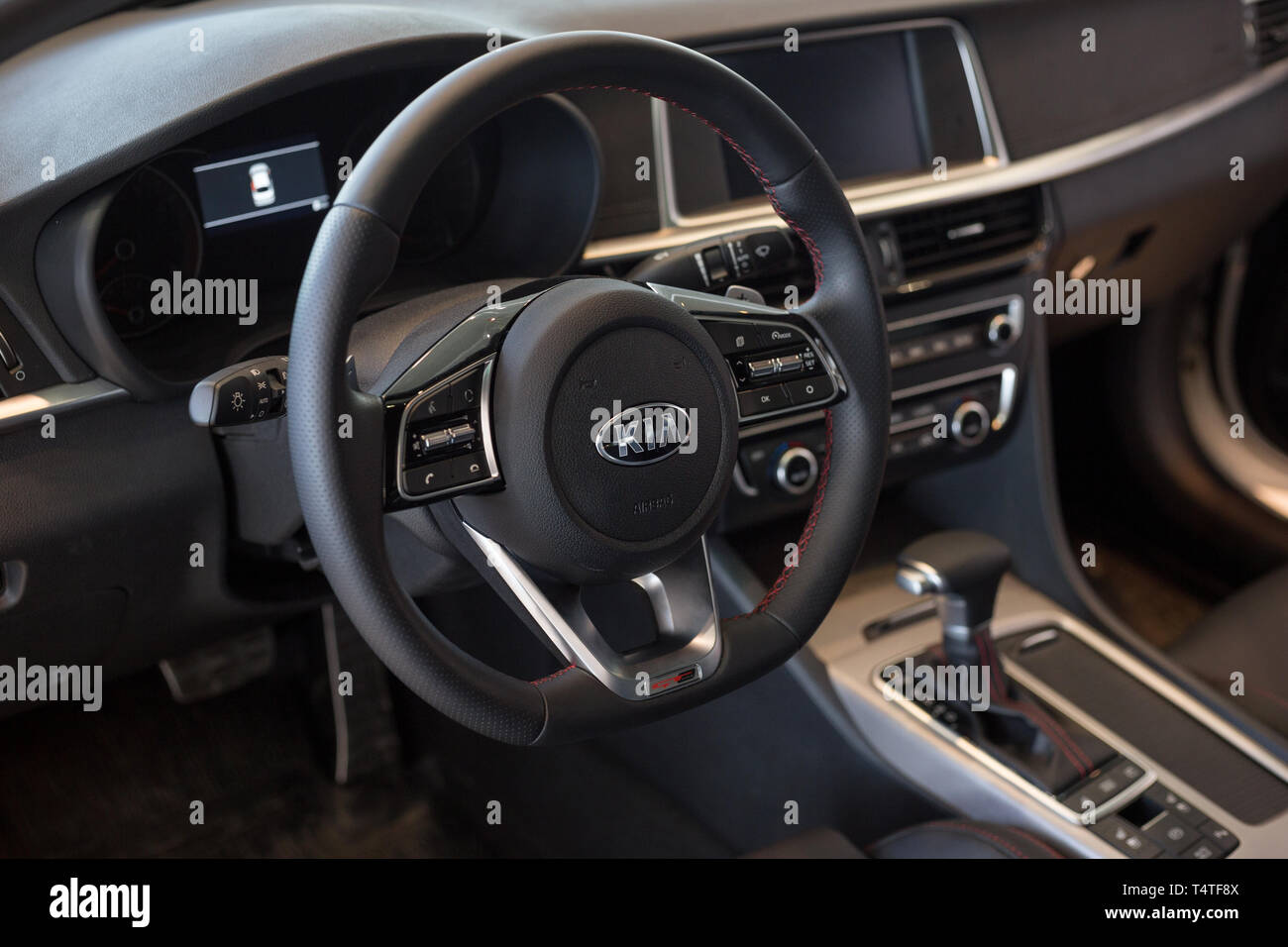 Russia, Izhevsk - April 4, 2019: Showroom KIA. Interior of new Optima ...