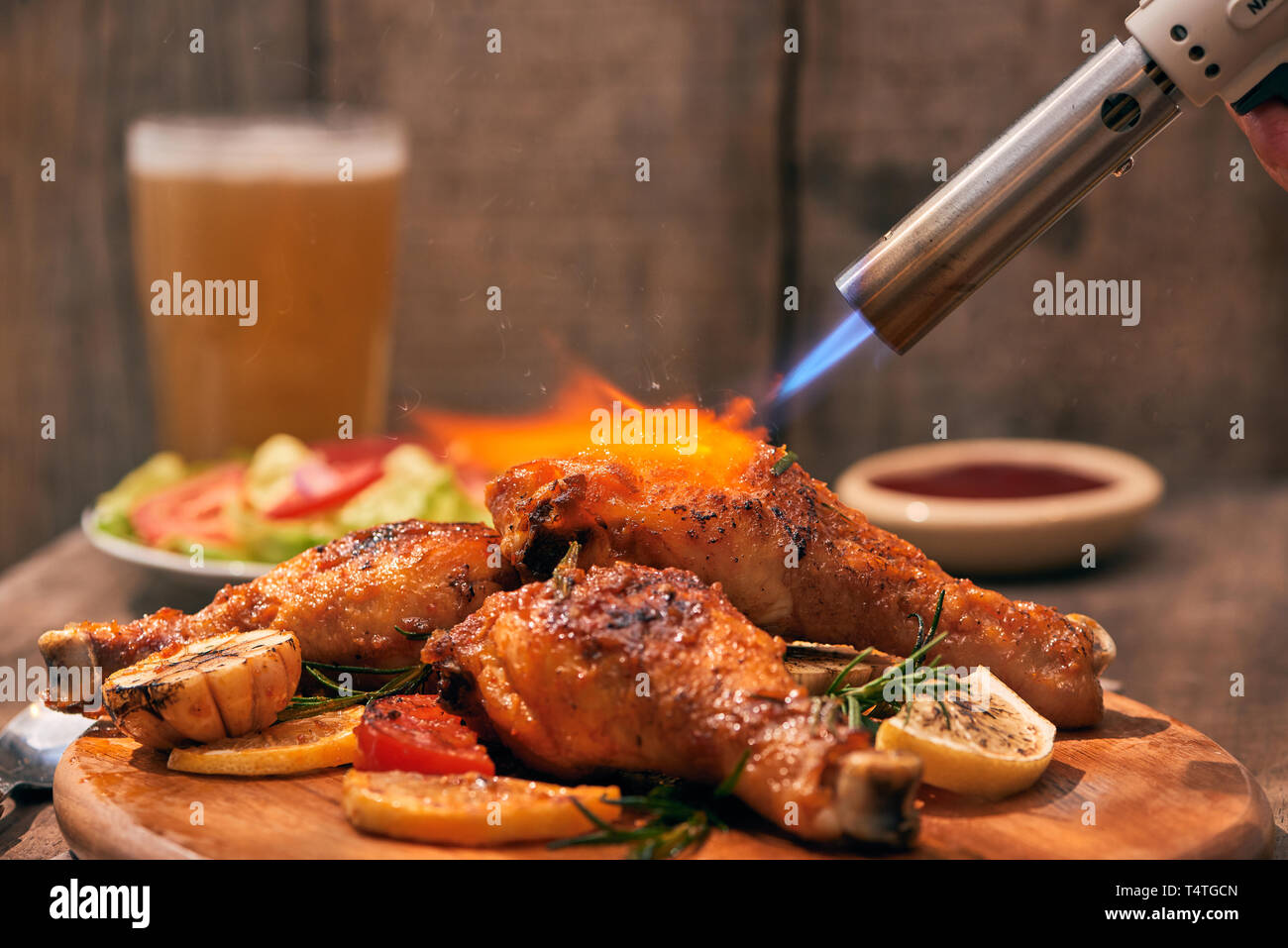 Chef cooking of Crispy Fried Chicken on wooden board background in the ...