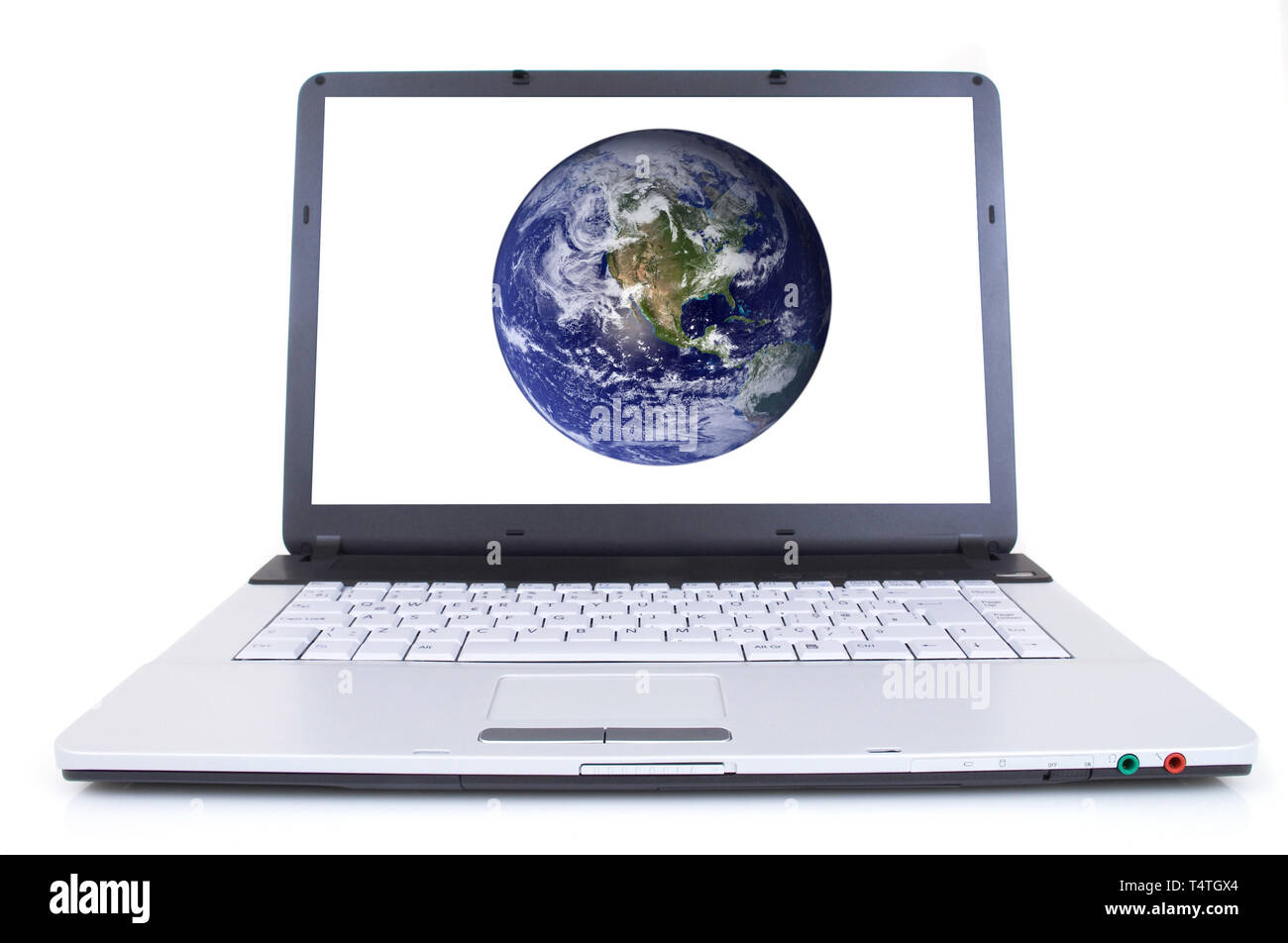 high tech laptop with globe on screen, shot with wide angle lens Stock ...