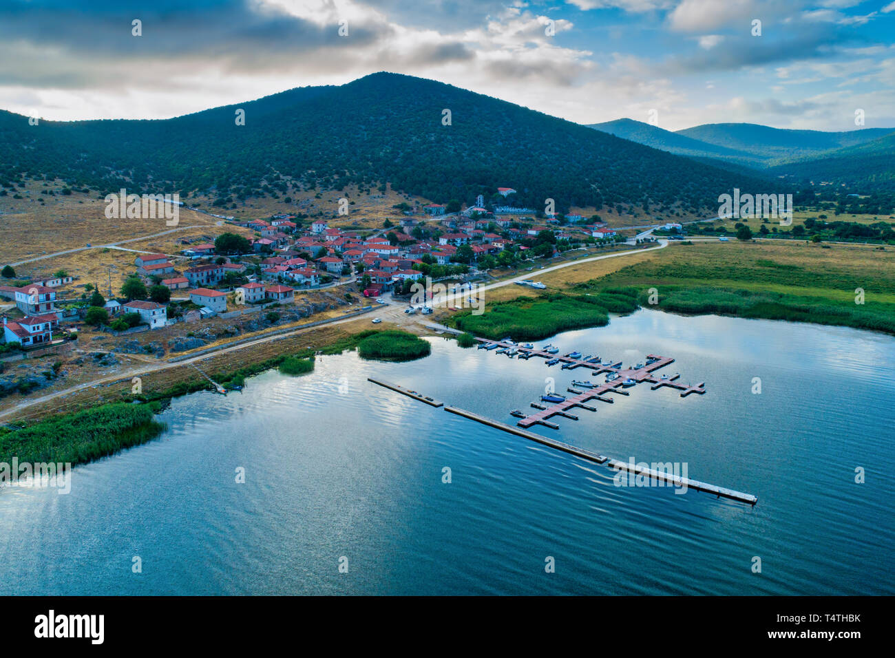 aerial view of the beautiful fishing village Psarades in Prespa lake in ...