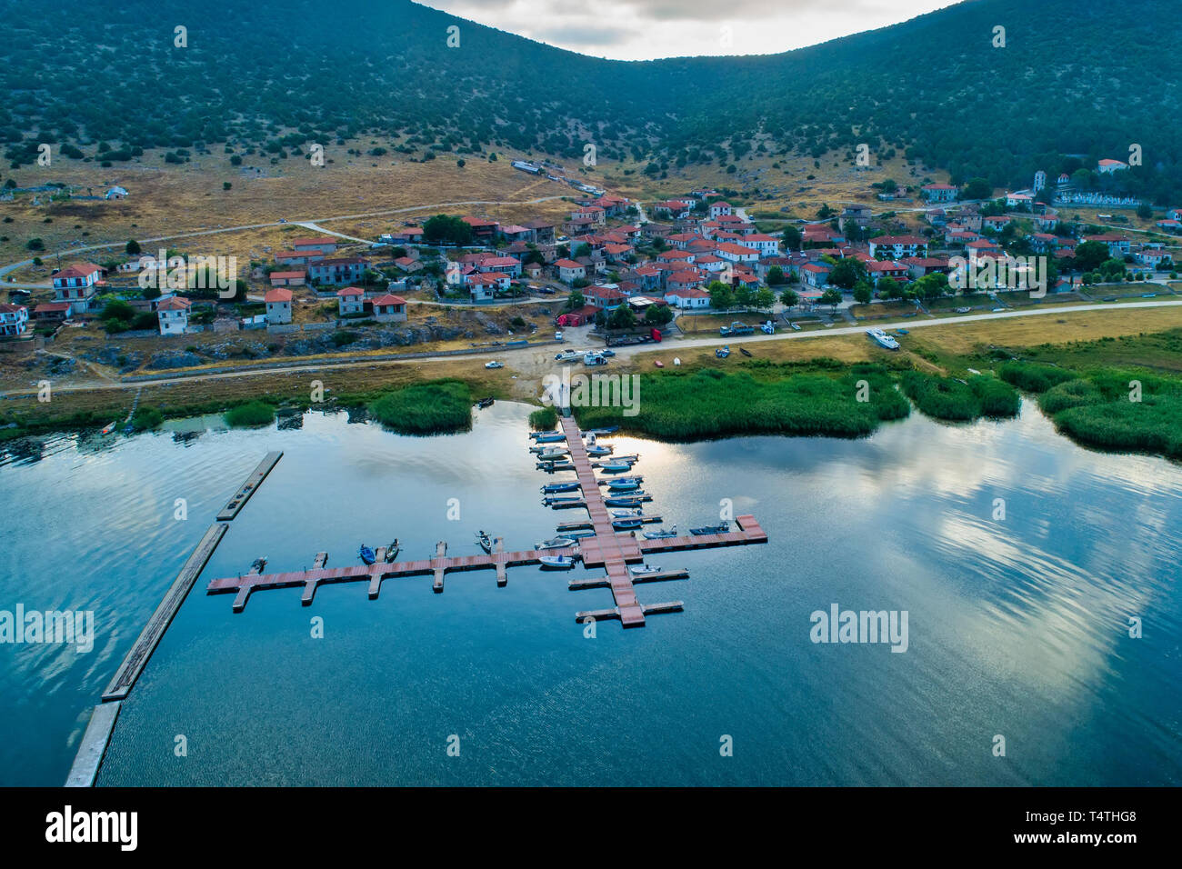 aerial view of the beautiful fishing village Psarades in Prespa lake in ...