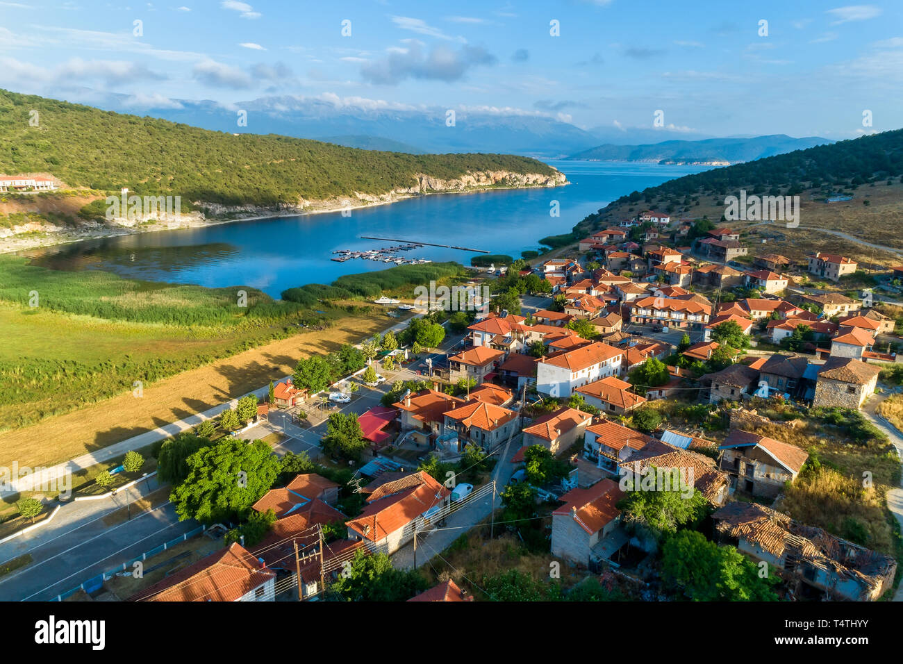 aerial view of the beautiful fishing village Psarades in Prespa lake in ...