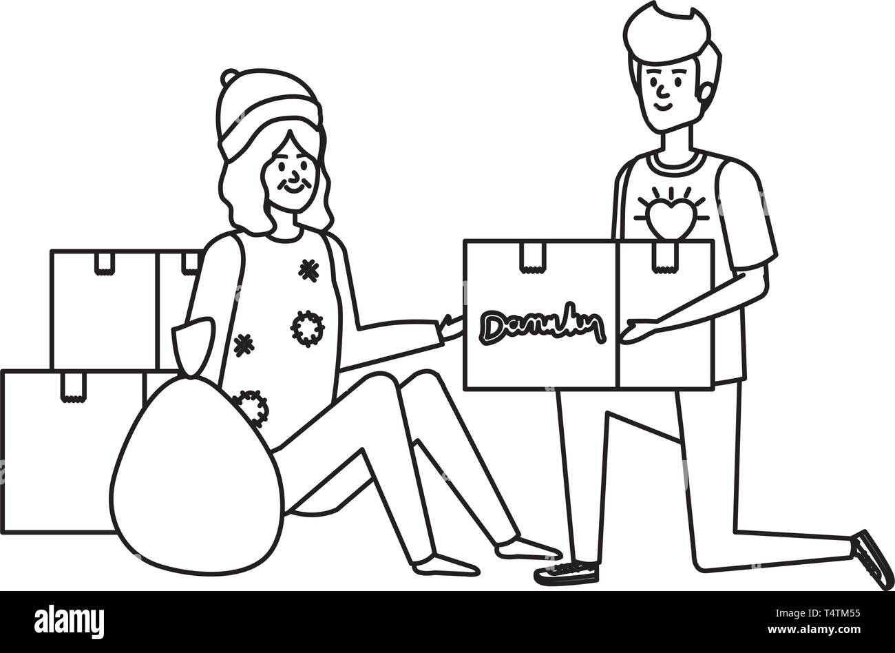 man volunteer giving a homeless woman donations box Stock Vector Image ...