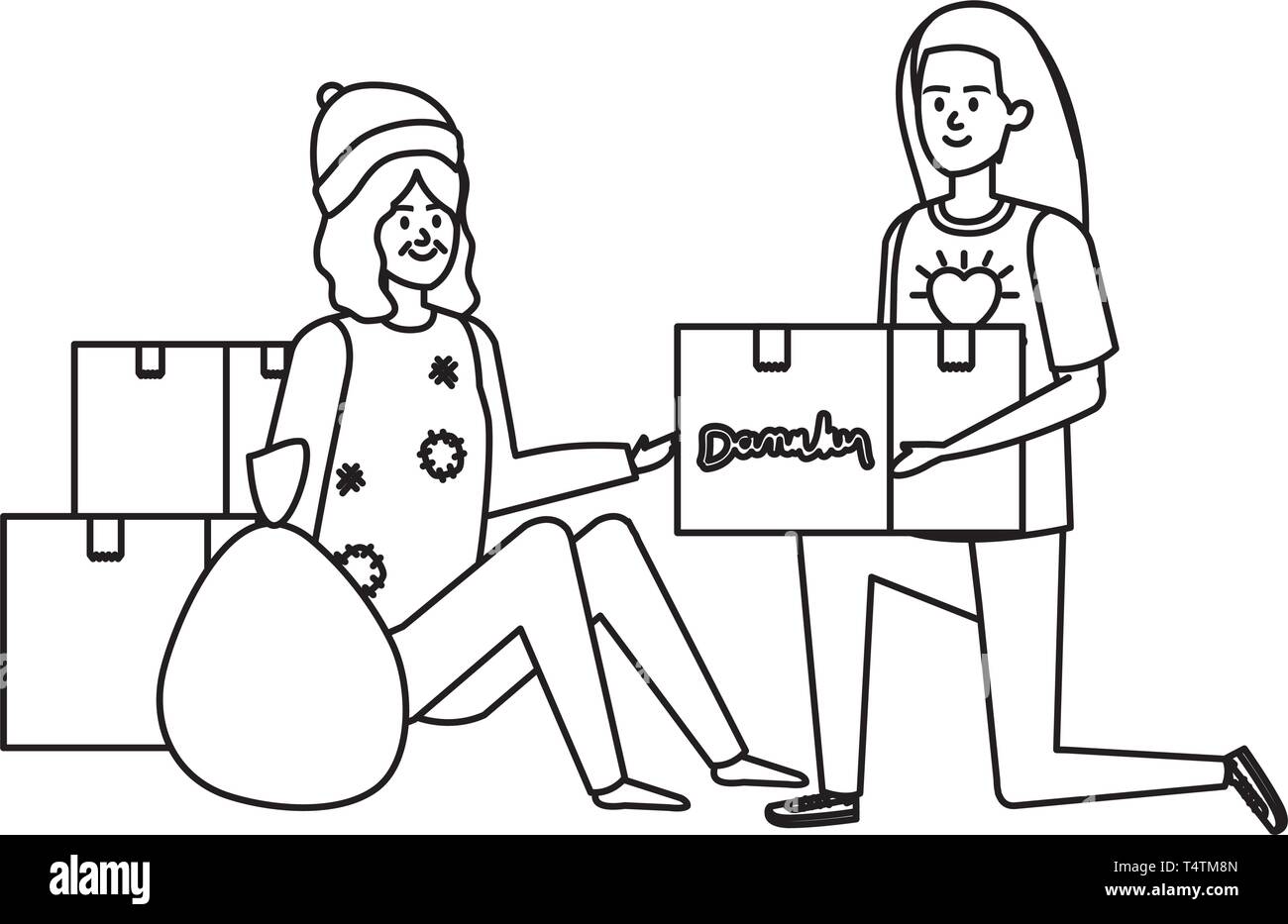 woman volunteer giving a homeless woman donations box Stock Vector ...