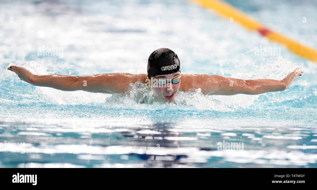 Alys Thomas competing in Heat 8 of the Women's 200m Butterfly during ...
