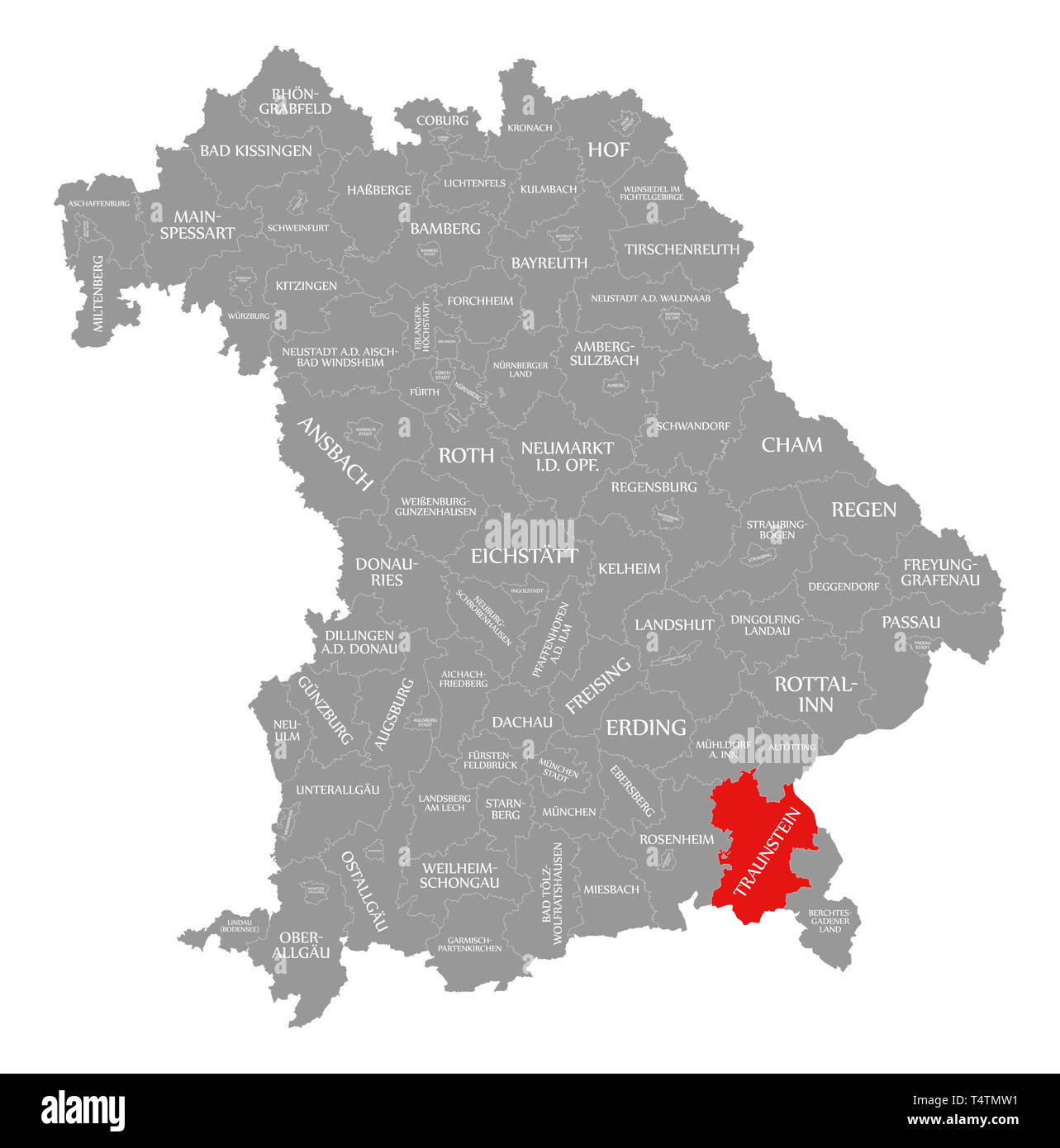 Traunstein county red highlighted in map of Bavaria Germany Stock Photo ...