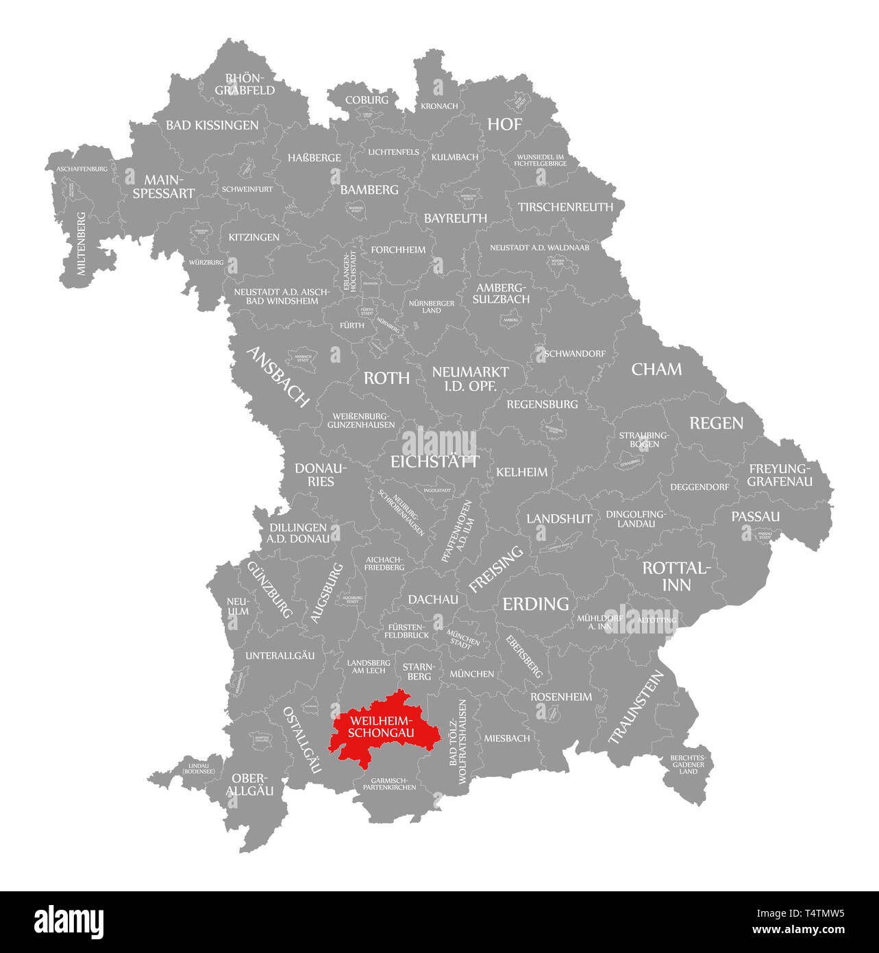Weilheim-Schongau county red highlighted in map of Bavaria Germany ...