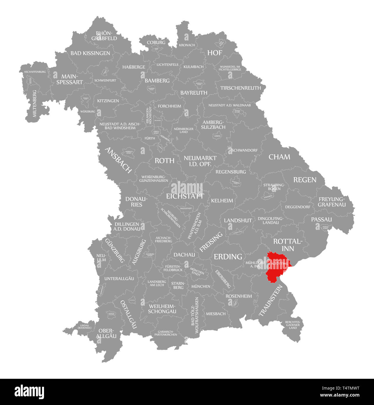 Altoetting county red highlighted in map of Bavaria Germany Stock Photo ...