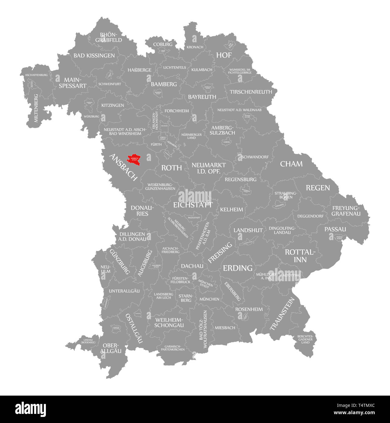 Ansbach city red highlighted in map of Bavaria Germany Stock Photo - Alamy