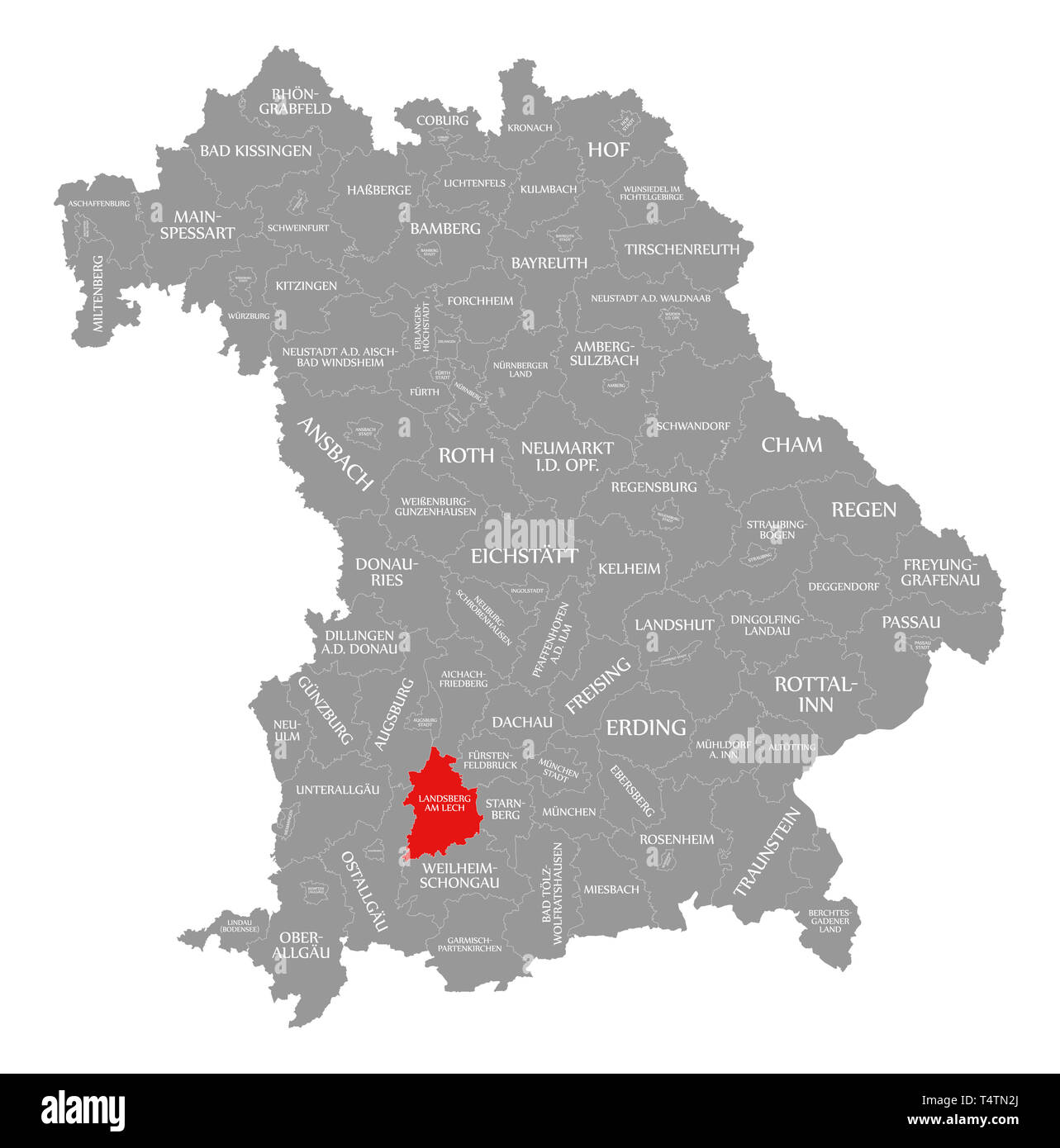 Landsberg am Lech county red highlighted in map of Bavaria Germany ...