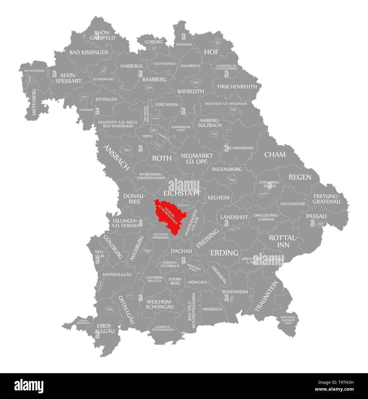 Neuburg-Schrobenhausen county red highlighted in map of Bavaria Germany Stock Photo - Alamy