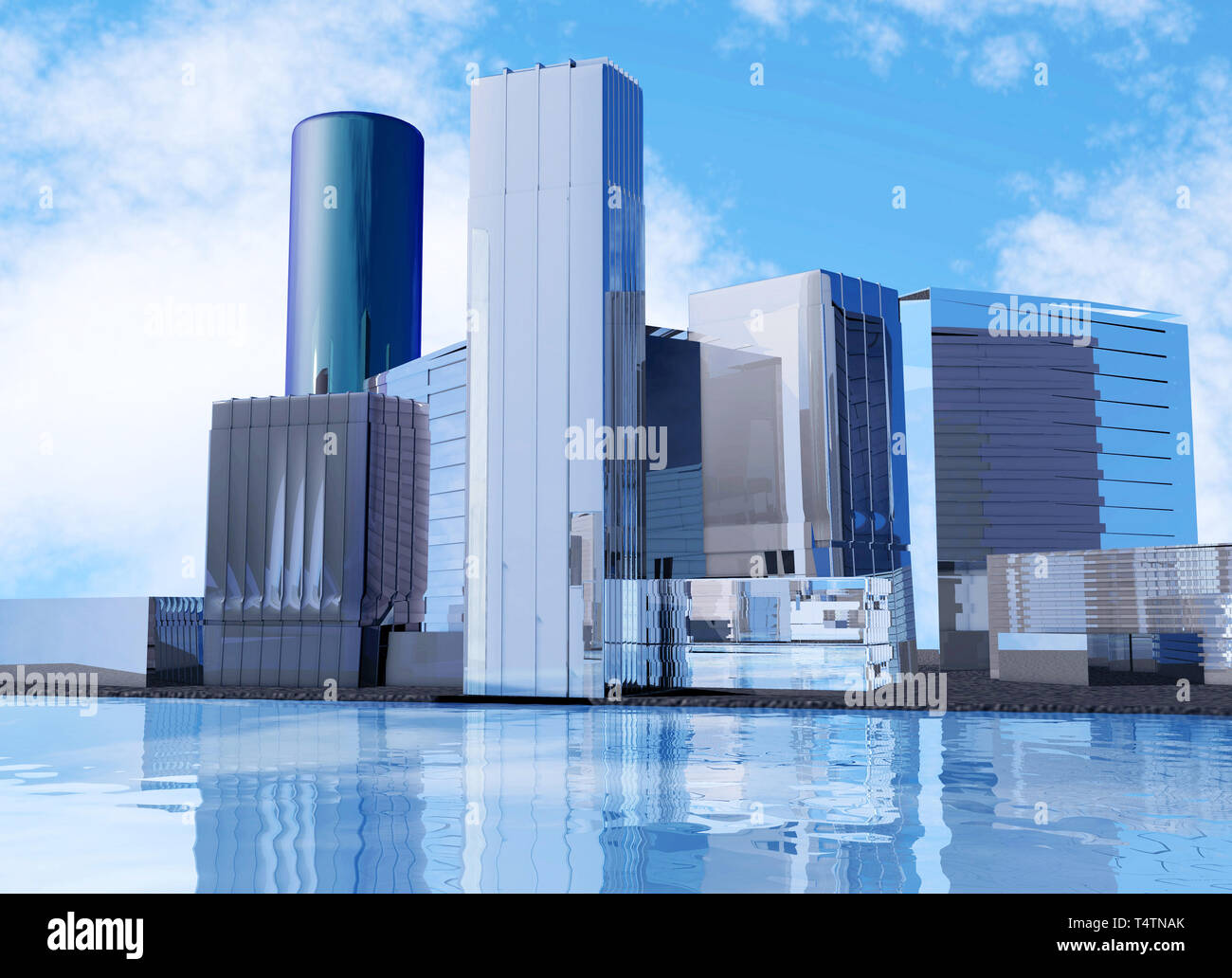 3D Illustration CGI of glass buildings relfected in waterside and water ...