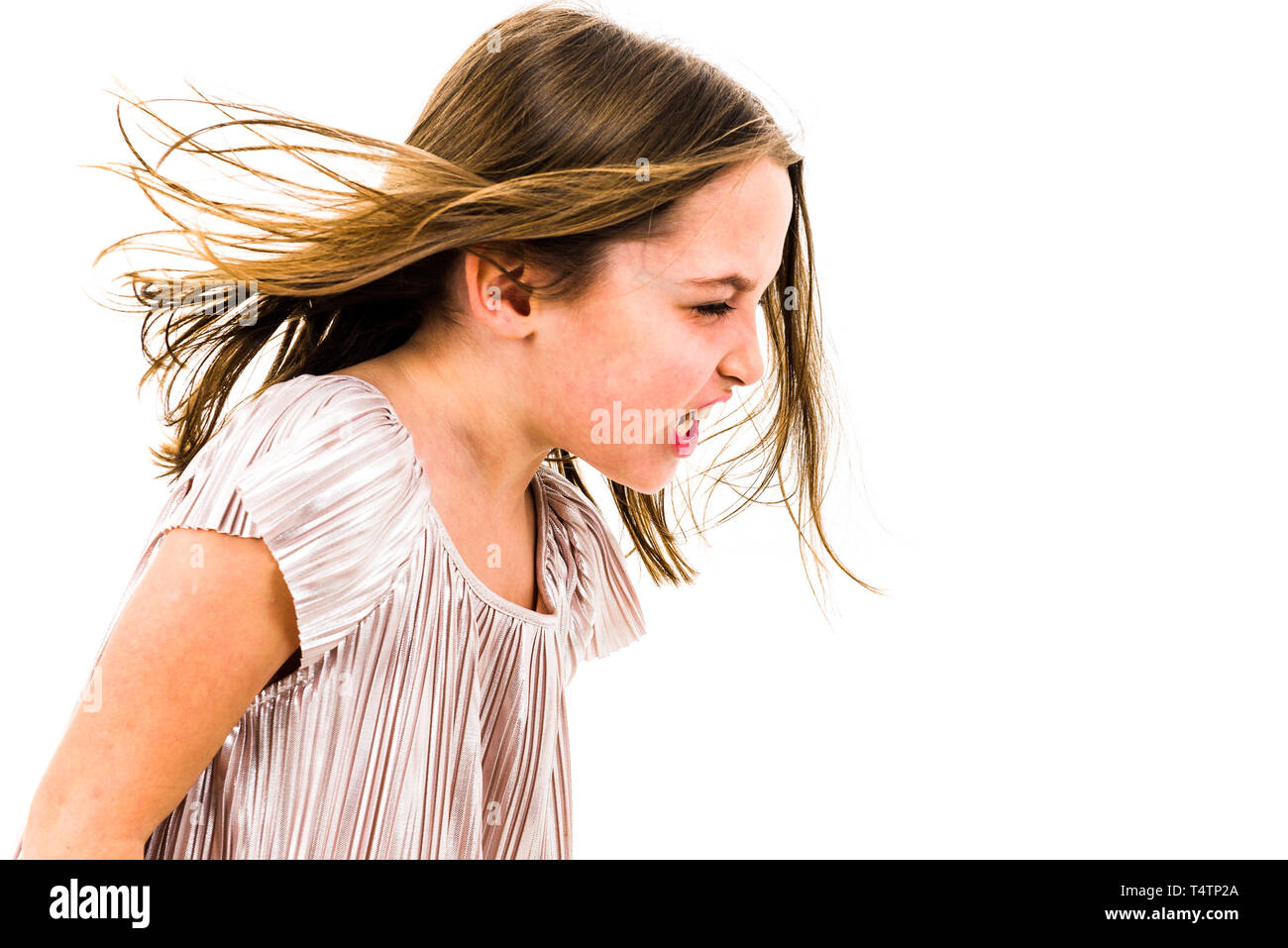 Little girl child yelling, shouting and screaming with bad manners. Angry upset girl is arguing ...