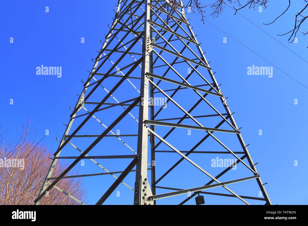 Big power pylon transporting electricity in a countryside area Stock ...