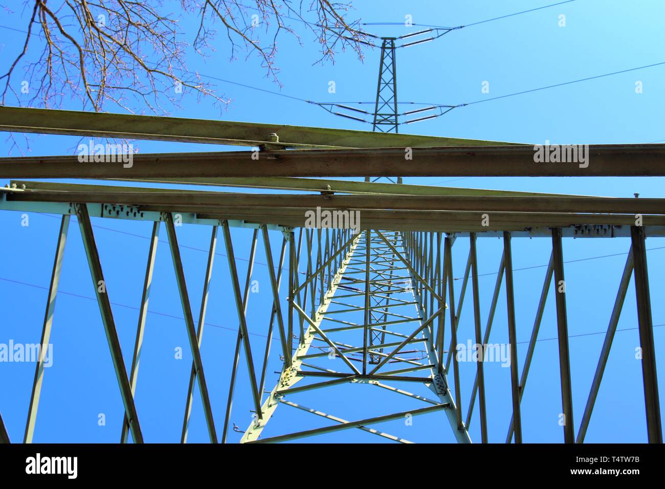 Big power pylon transporting electricity in a countryside area Stock ...