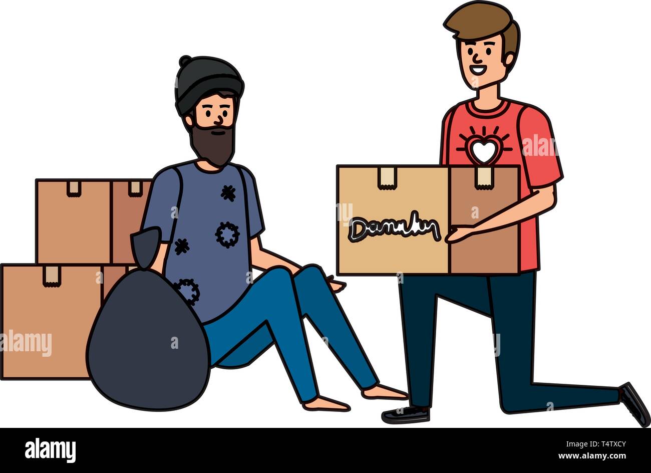 man volunteer giving a homeless man donations box Stock Vector Image ...