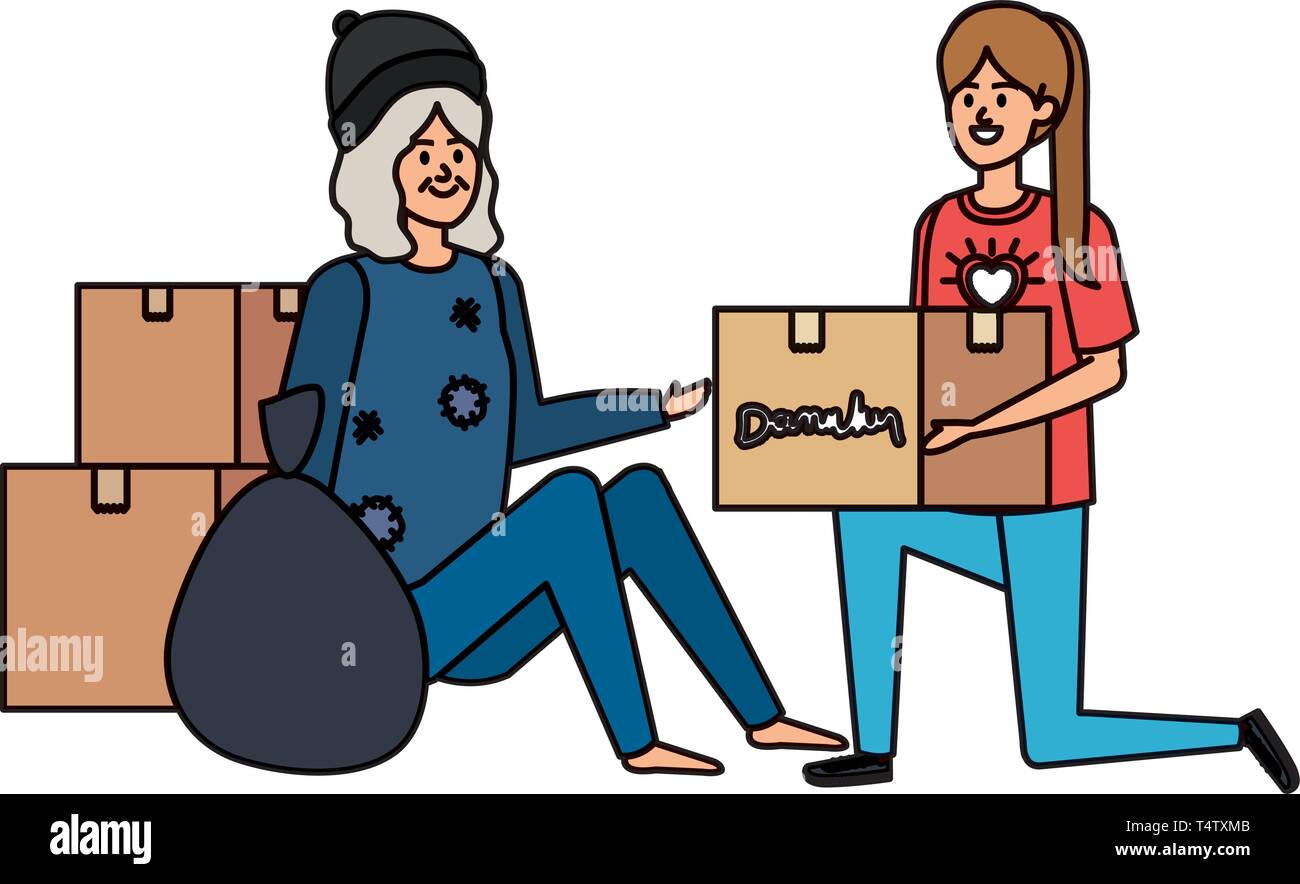 woman volunteer giving a homeless woman donations box Stock Vector ...