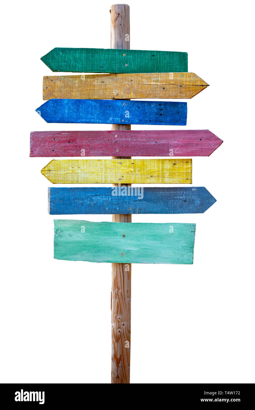 Empty sign pointers with a space for text. On white background with ...