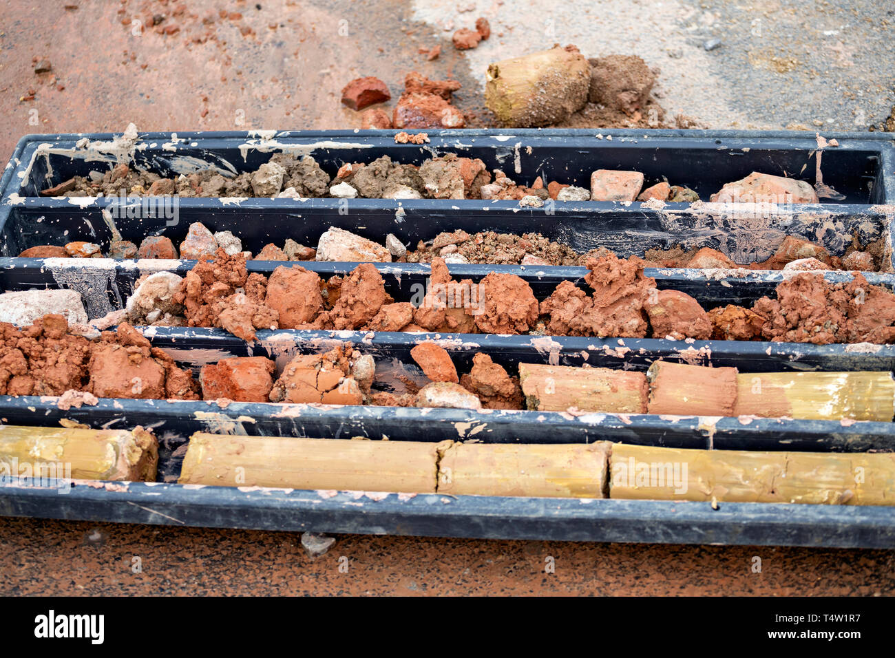. Soil boring and soil sampling for geologists study. Selective focus ...