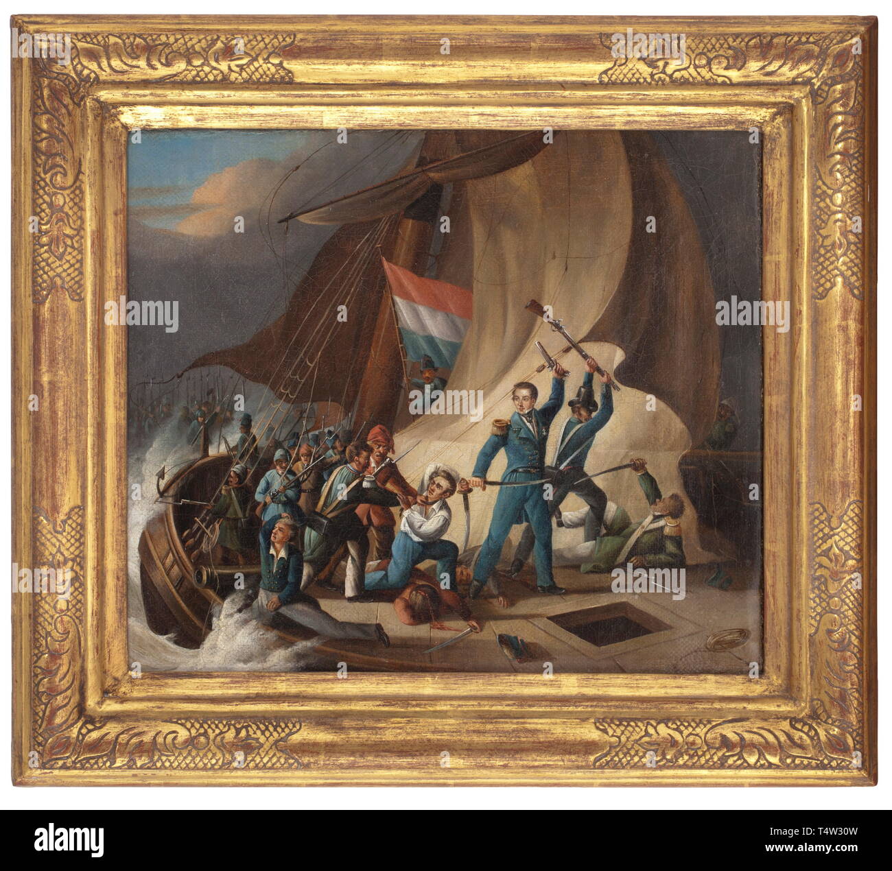 A boarding scene, circa 1800 Oil on canvas, unsigned. Dutch sailors ...