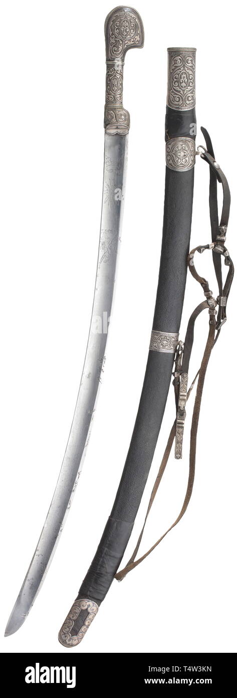 A Caucasian silver-mounted shashka, 1889. Broadly fullered (partially ...