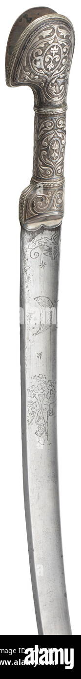 A Caucasian silver-mounted shashka, 1889. Broadly fullered (partially ...