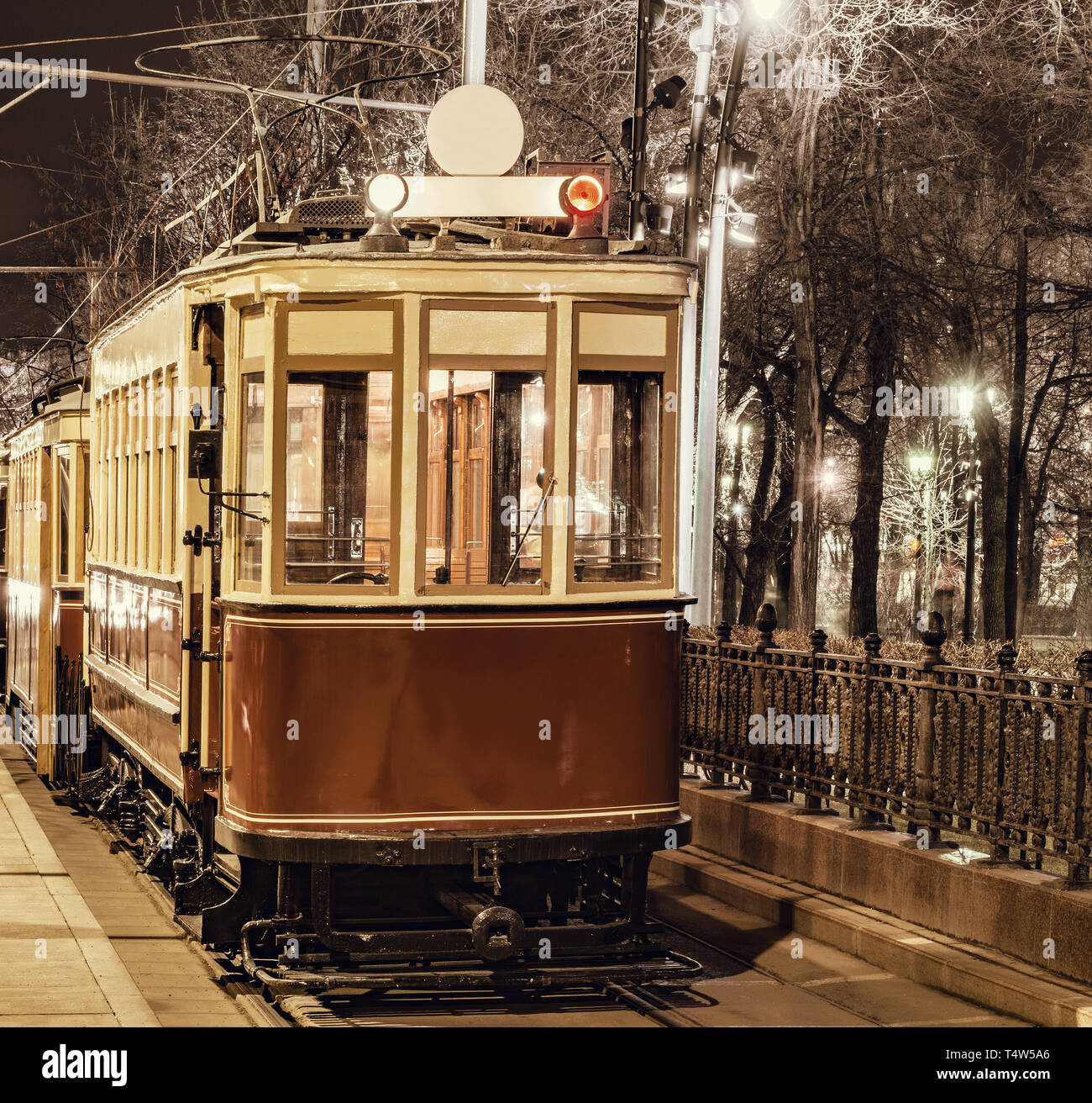 Old vintage tramway car on the night city street. Moscow. Russia Stock ...