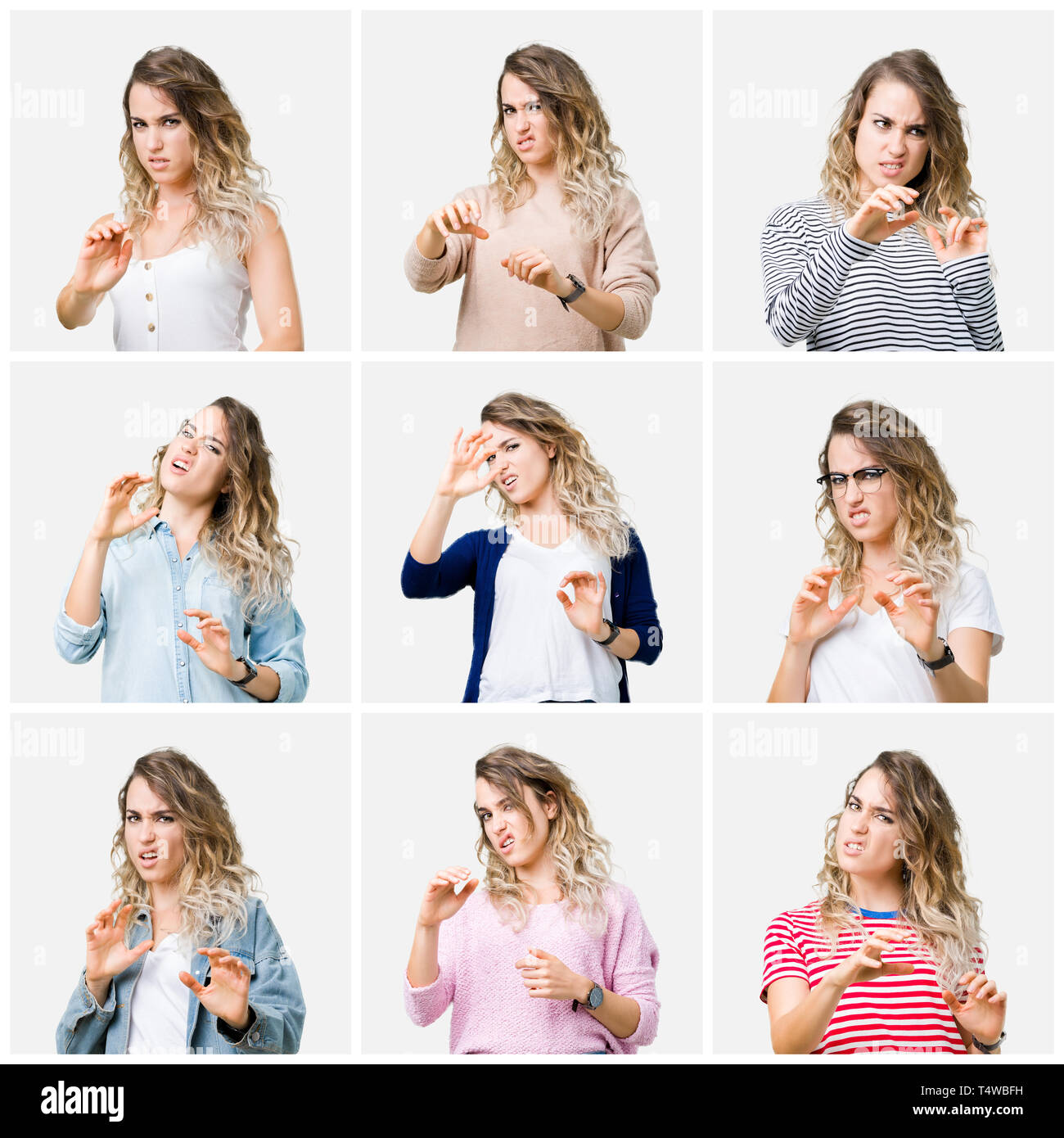 Collage of young beautiful blonde girl over isolated background ...