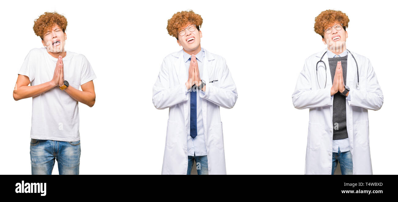 Collage of young doctor man wearing medical coat over isolated white ...