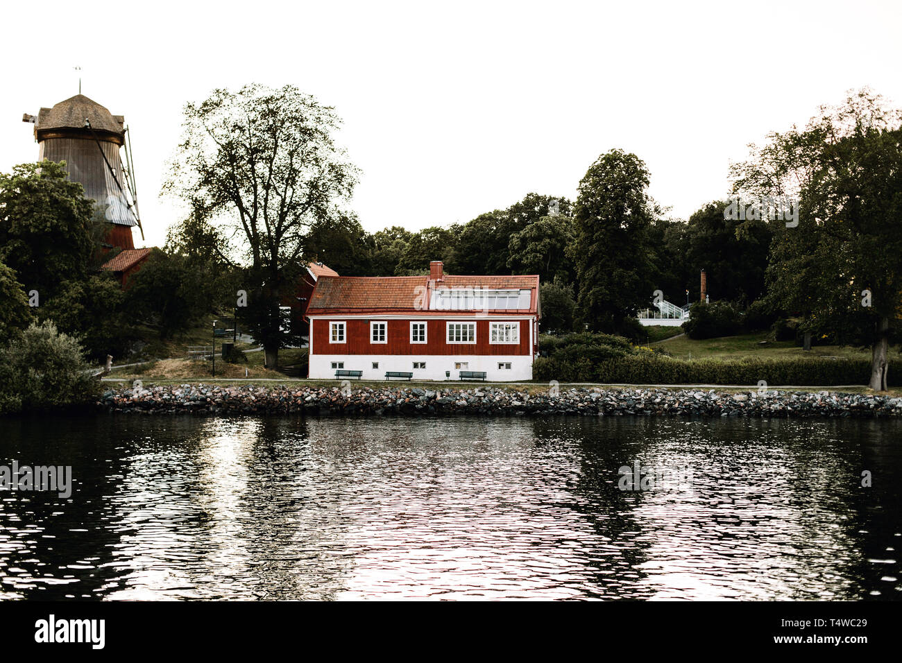 View of traditional Swedish architecture while on a sunset cruise. Red ...