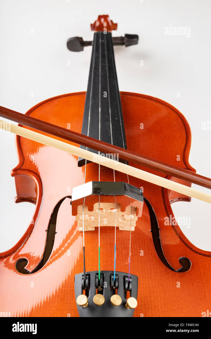 Violin and bow on a light background. A new stringed musical instrument ...