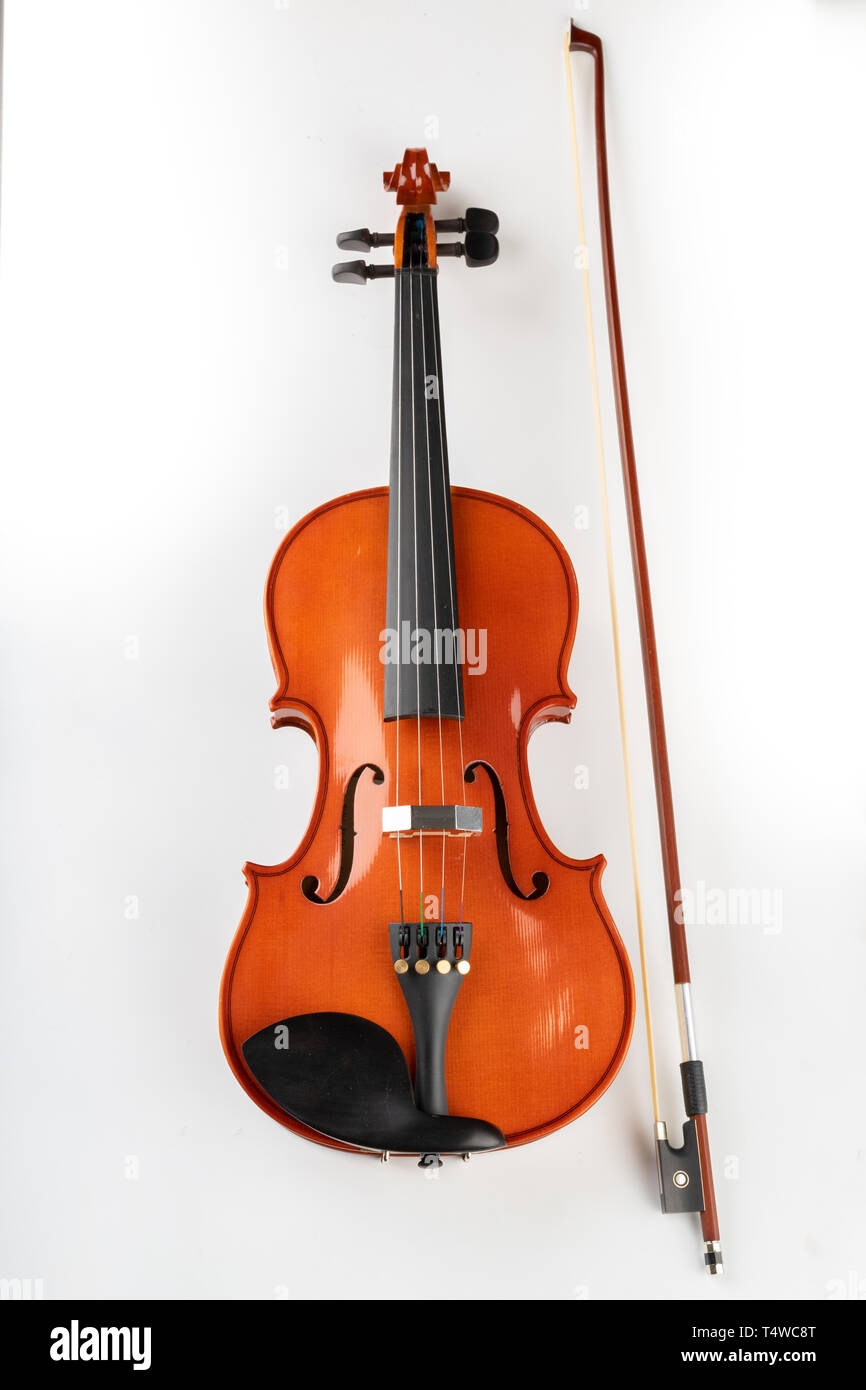 Violin and bow on a light background. A new stringed musical instrument ...