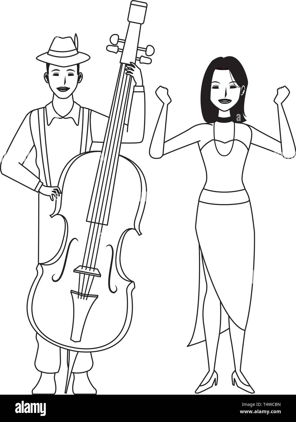 musician playing bass and dancing black and white Stock Vector Image ...