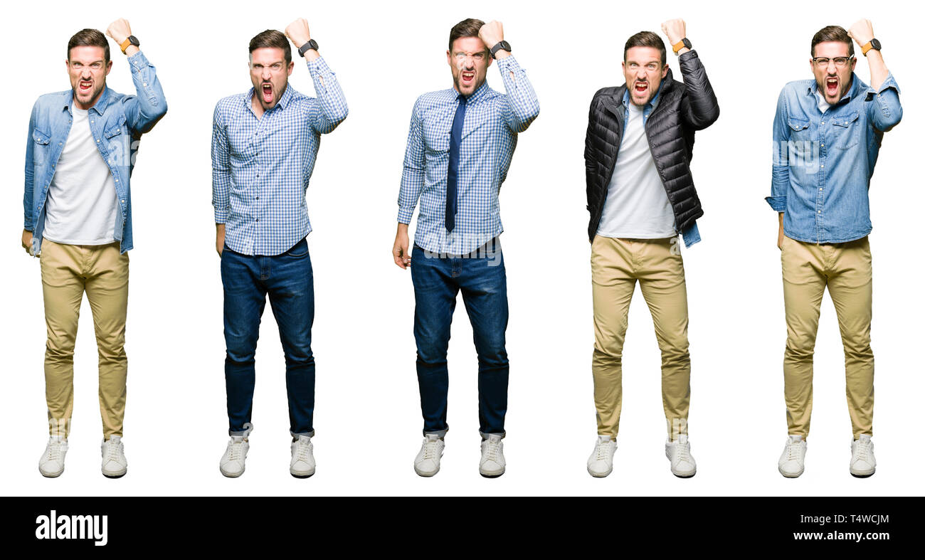 Collage of attractive young man over white isolated background angry ...