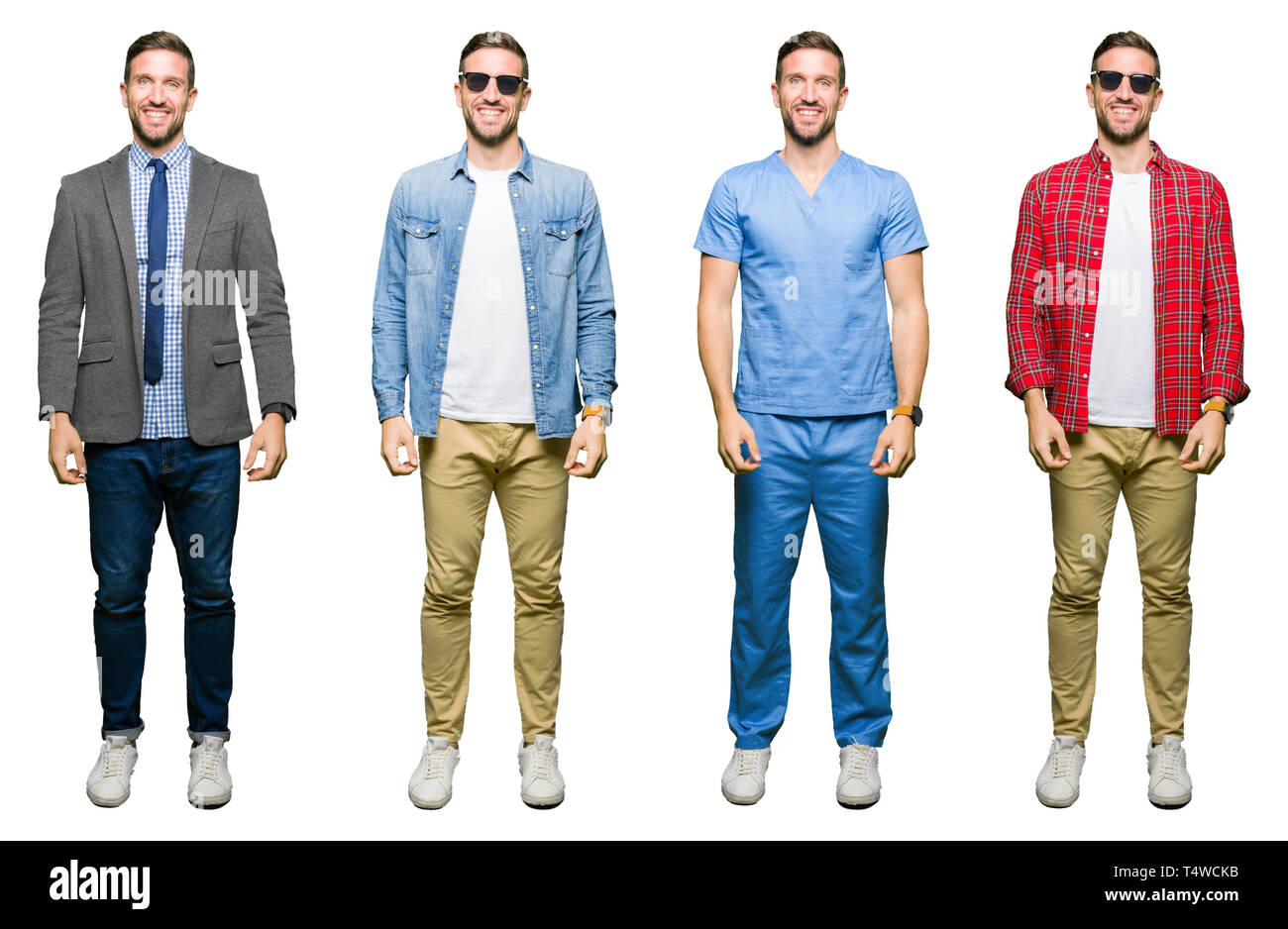 Collage of attractive young man over white isolated background with a ...