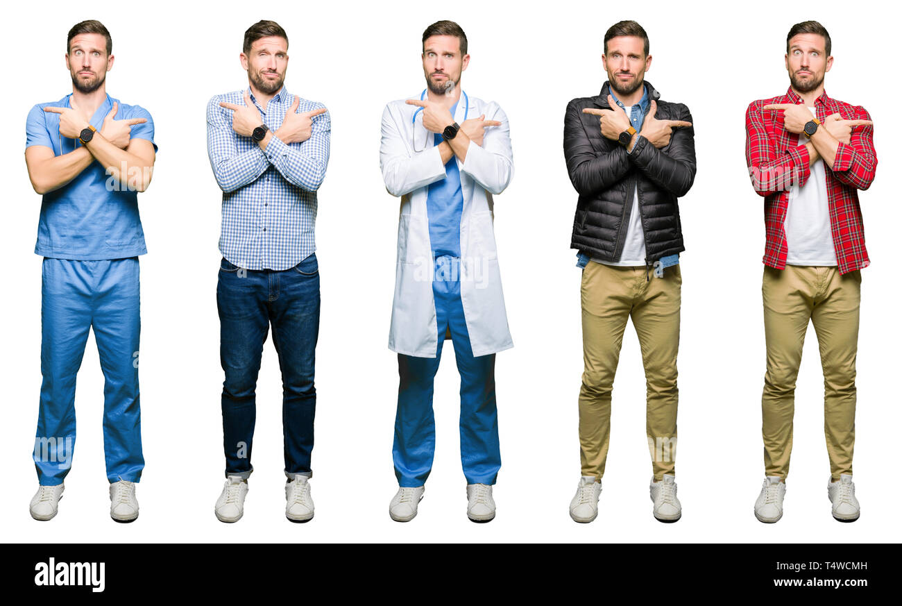 Collage of attractive young man over white isolated background Pointing ...