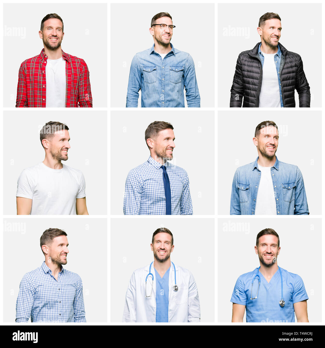 Collage of attractive young man over white isolated background looking ...