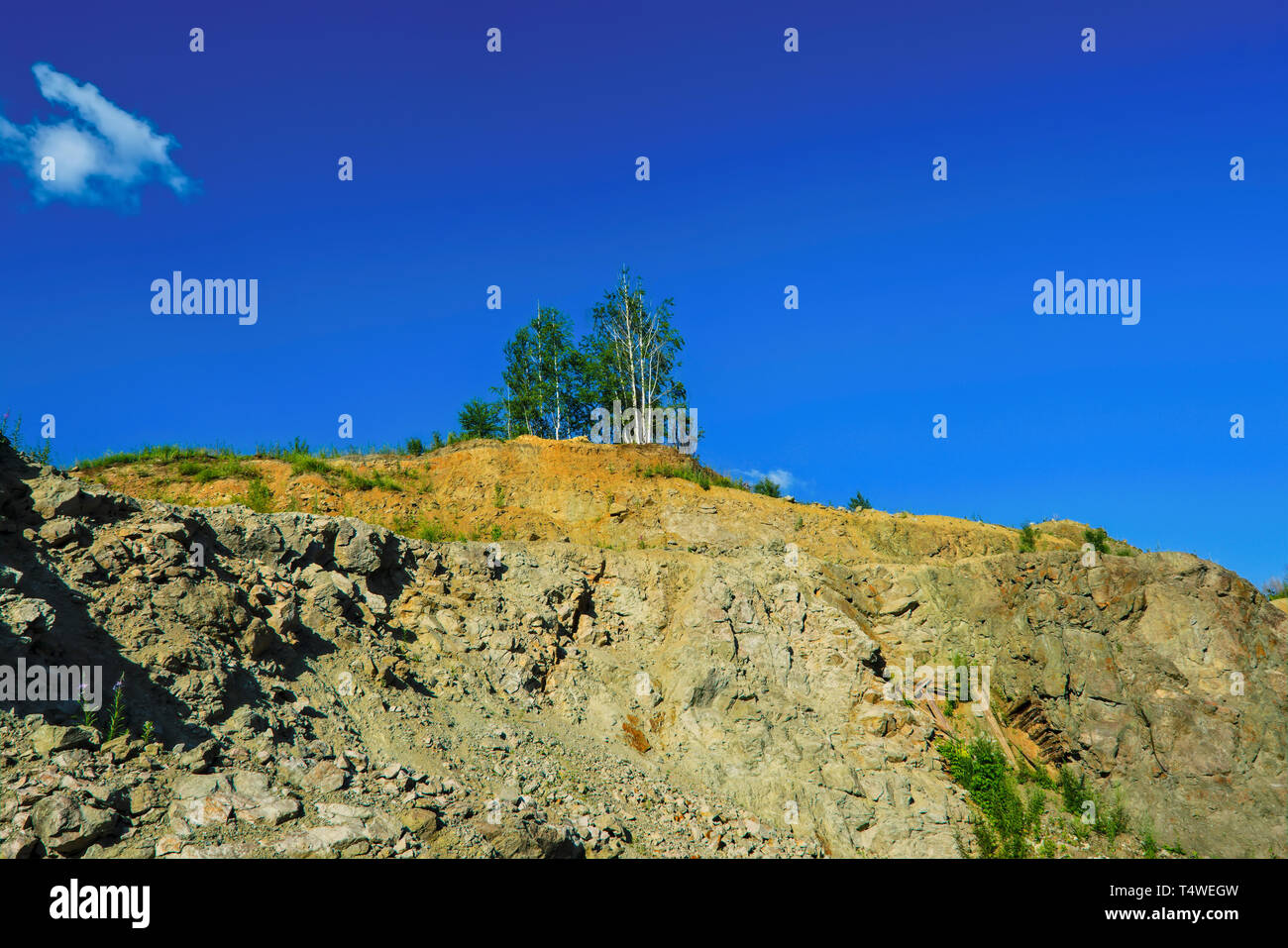 Summer landscape rocks overgrown with rare forest against the blue sky ...