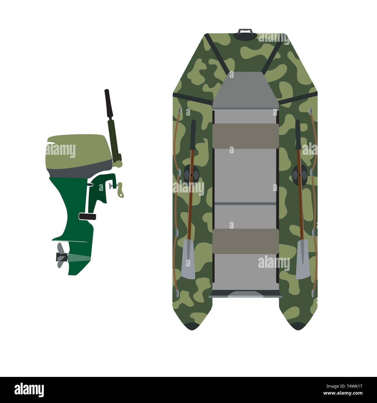 Rubber boat. Color camouflage. Outboard motor. Isolate on white ...
