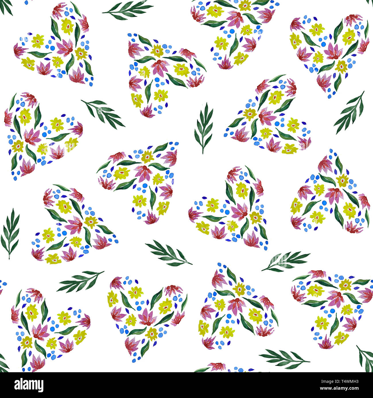 Watercolor seamless pattern hearts with flowers, leaves on white ...