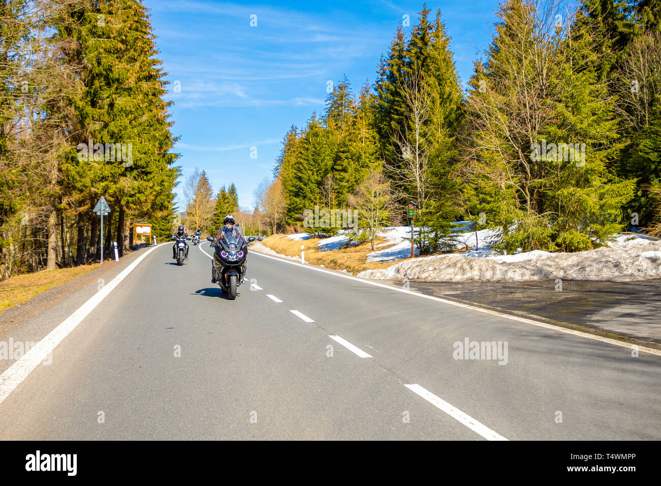 Grosser Arber, Germany - 30.03.2019: Group of motorcyclists bikers ...