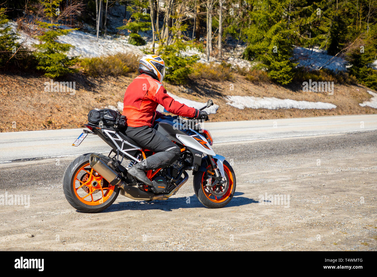 Grosser Arber, Germany - 30.03.2019: Motorcyclist biker riding ...