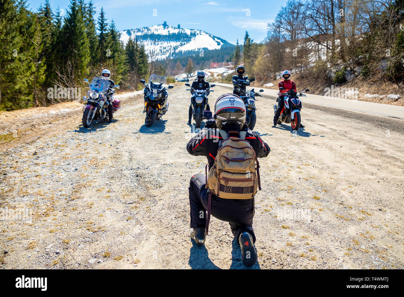 Grosser Arber, Germany - 30.03.2019: Group of motorcyclists bikers ...