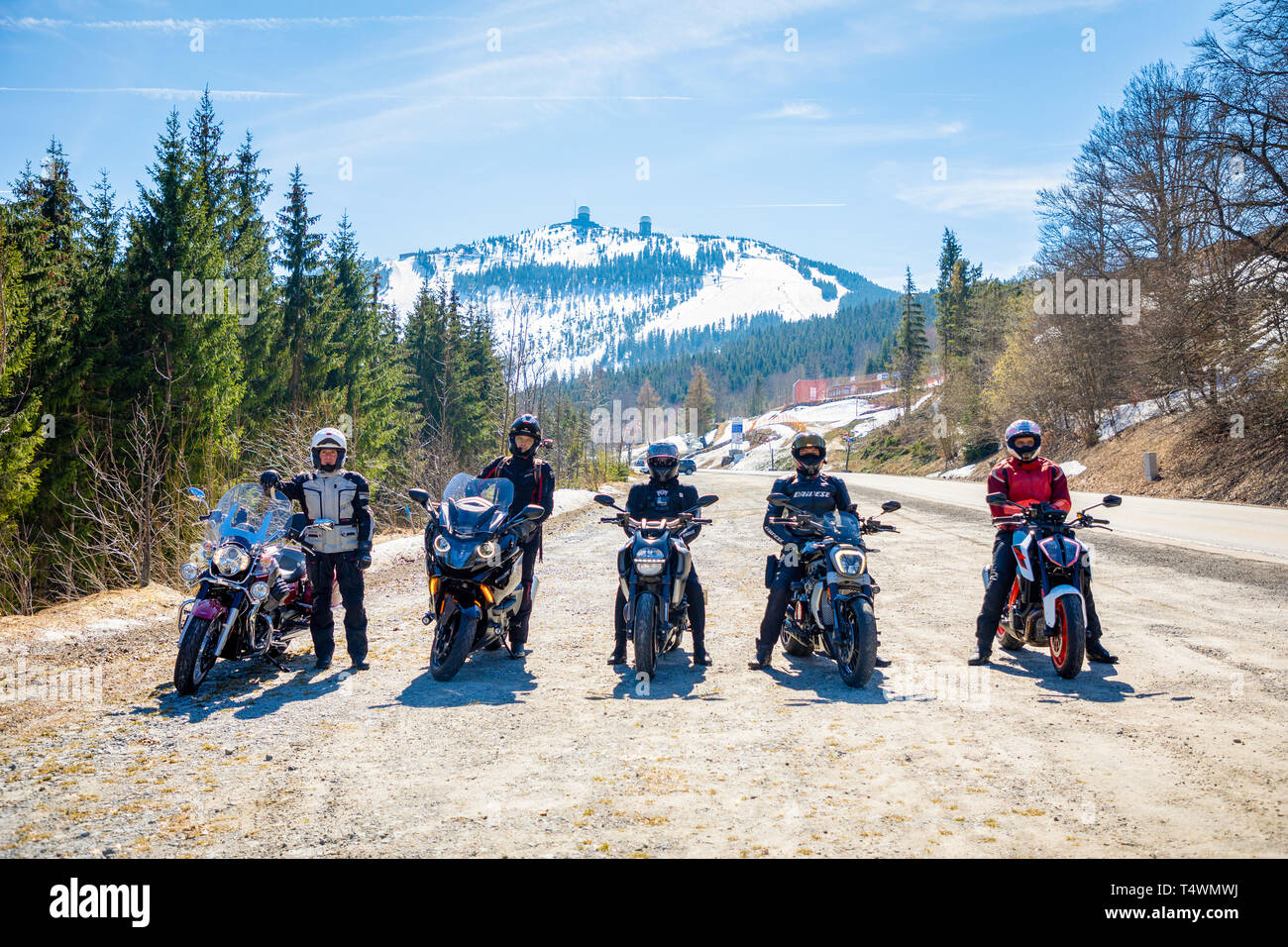 Grosser Arber, Germany - 30.03.2019: Group of motorcyclists bikers ...