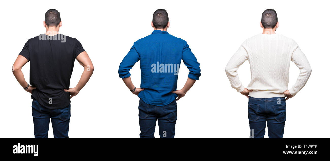 Collage of handsome man over white isolated background standing ...